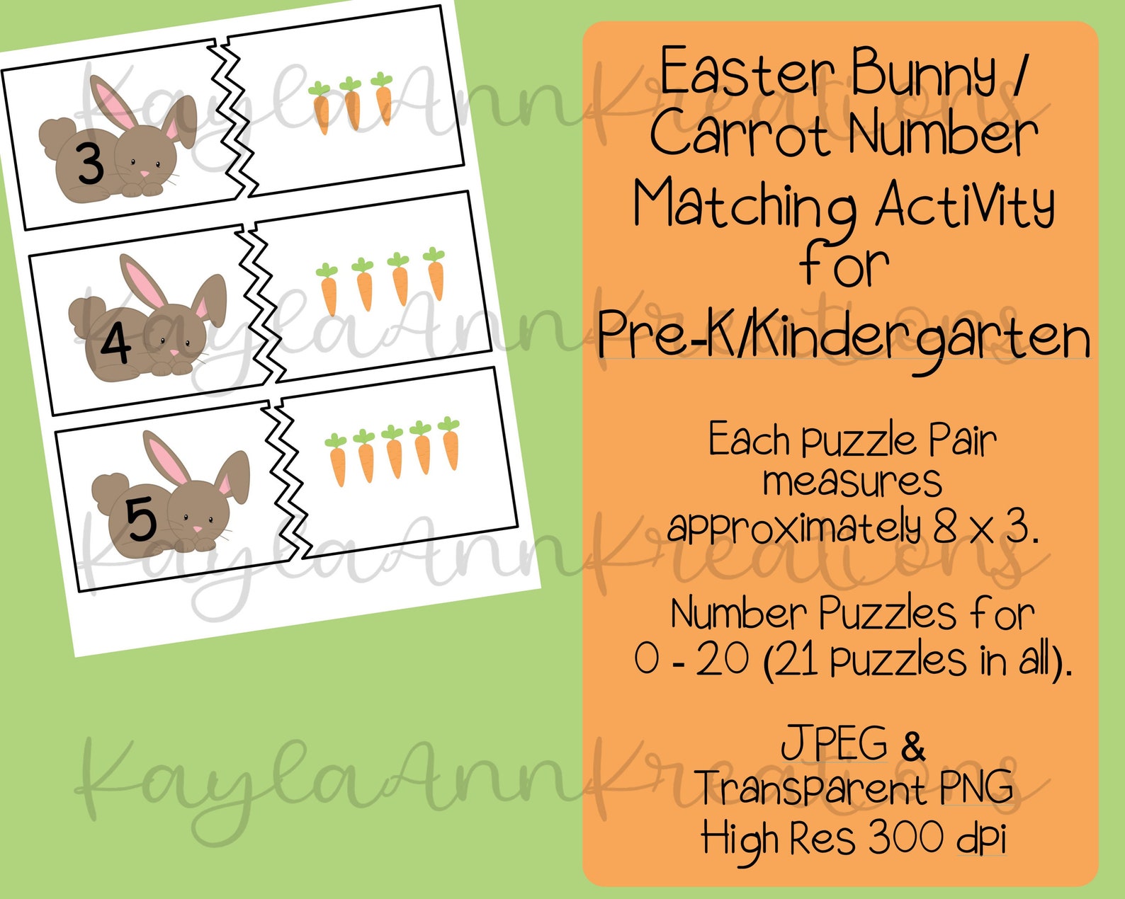 Easter Bunny and Carrots Number Matching Puzzles, Pre-k, Kindergarten ...