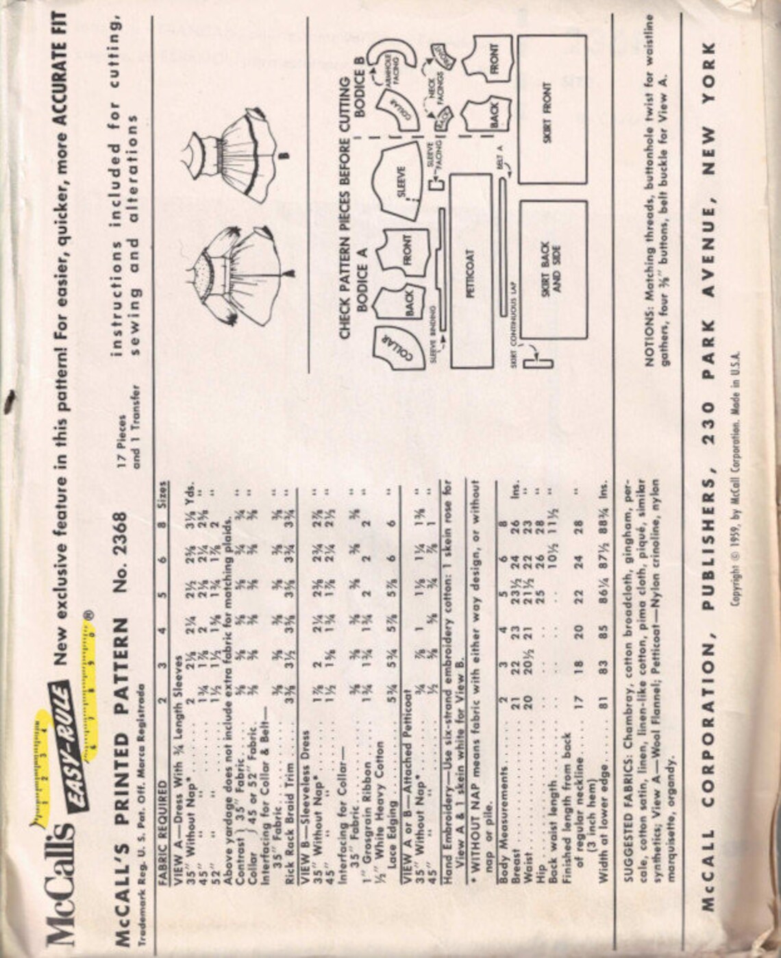 Vintage Mccall's 2368 Easy-rule 1959 Child's Dress With Crinoline Size ...