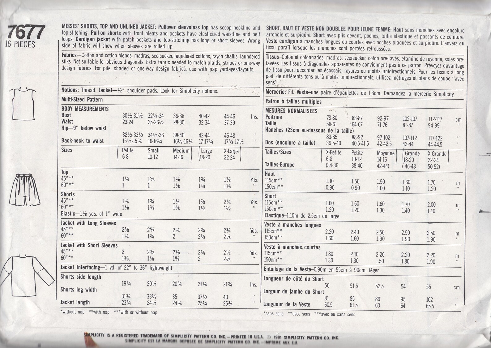 Vintage Simplicity 7677 Shorts, Top & Unlined Jacket 1991 Size AA - Etsy