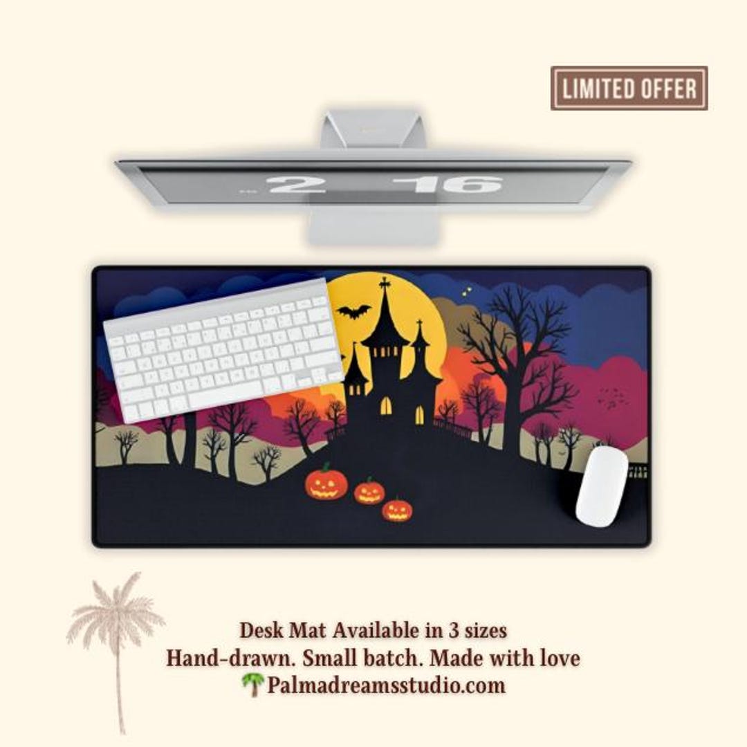 Haunted Castle Desk Mat: Spooky Halloween Pumpkin & Bats Design - Etsy