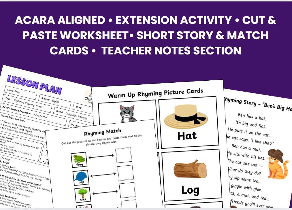 Prep Exploring Rhyming Words Lesson | ACARA Aligned | Printable ...