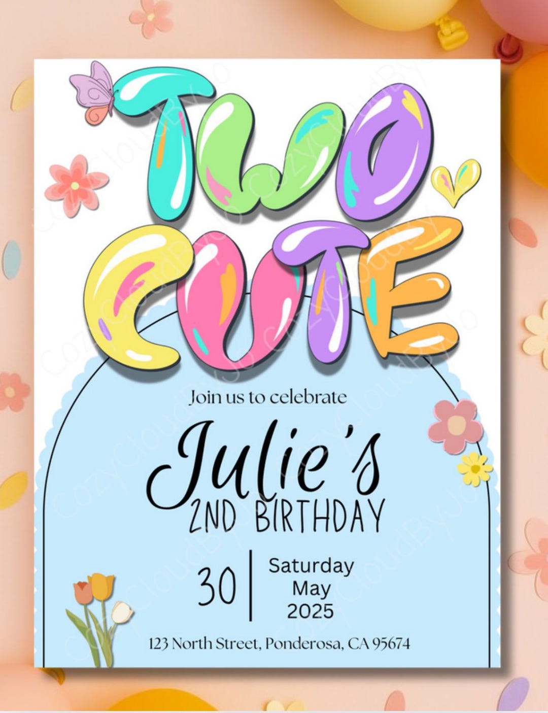 Two Cute Birthday Invitation | Editable 2nd Birthday Invite for Girl ...