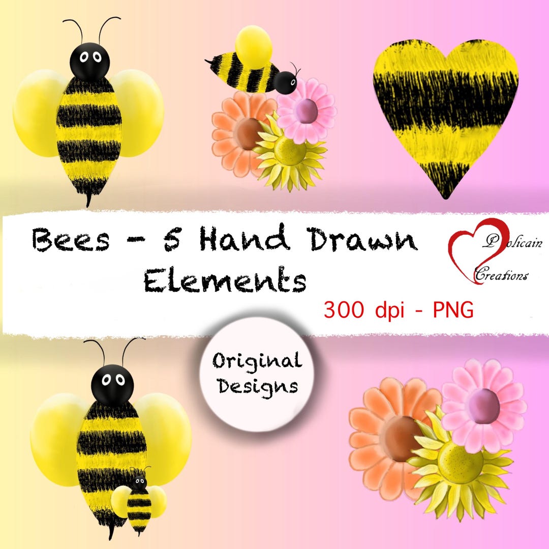 Hand Drawn Cute Bee and Flower PNG Clip Art Graphics - Whimsical ...