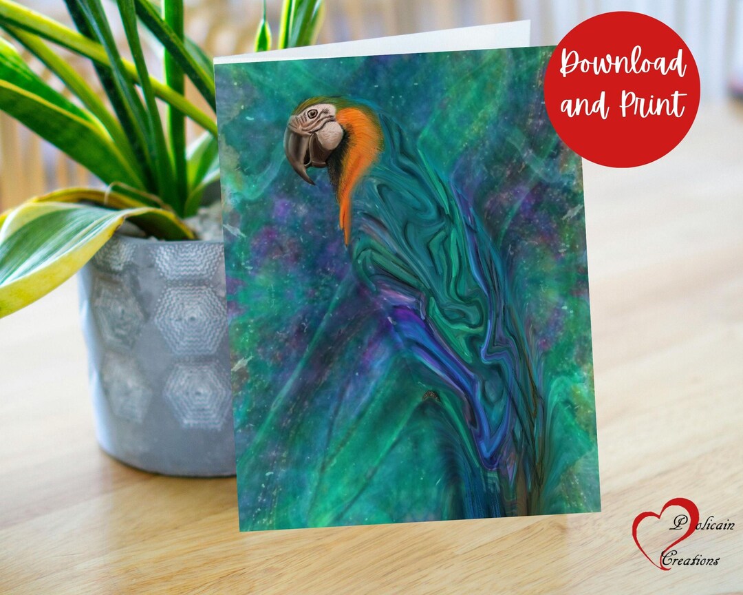 Tropical Parrot Bird Card, Note Card, Greeting Card: Hand-drawn Fluid ...