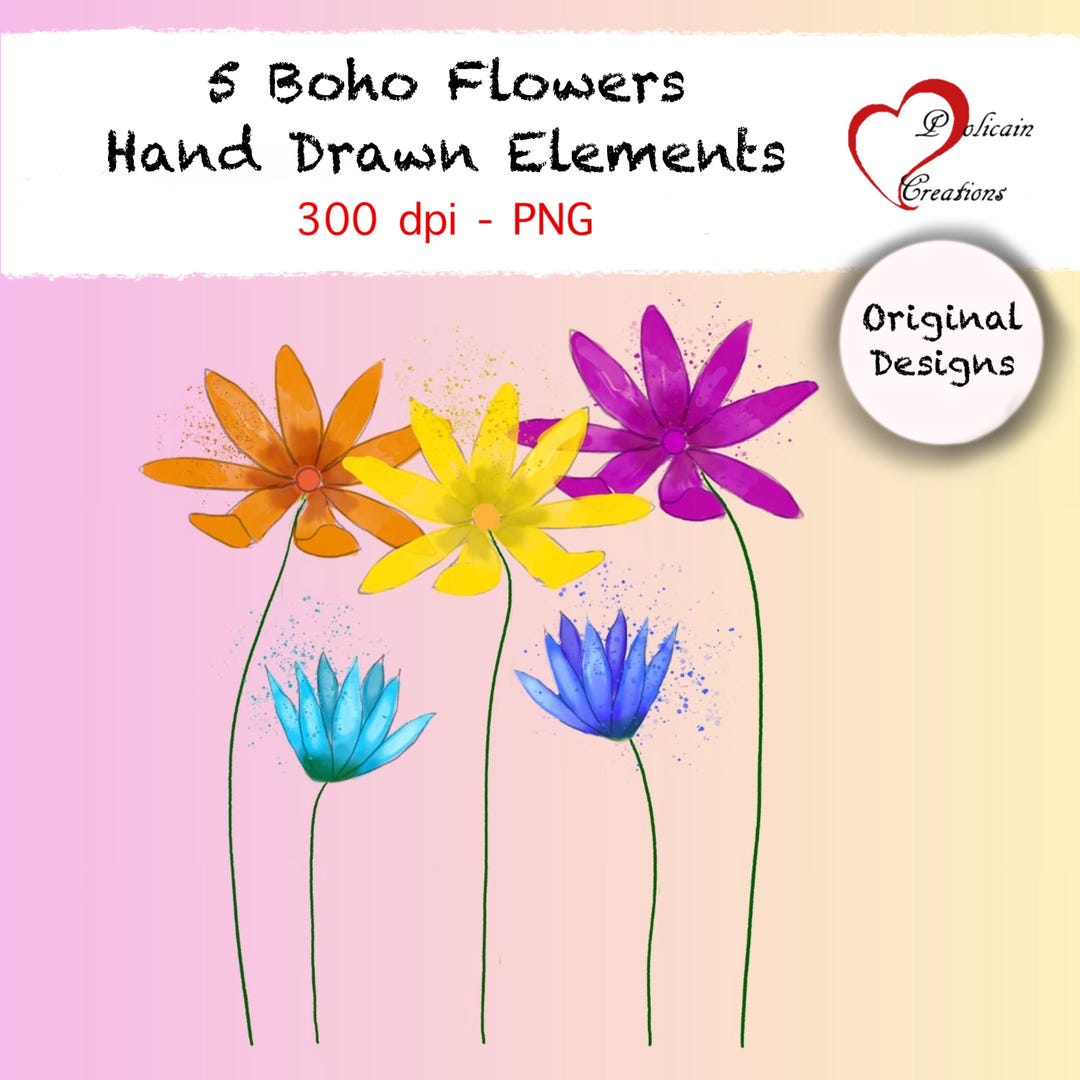 Hand-drawn Boho Floral PNG Clipart Stickers: Simple Clip Art Flowers ...