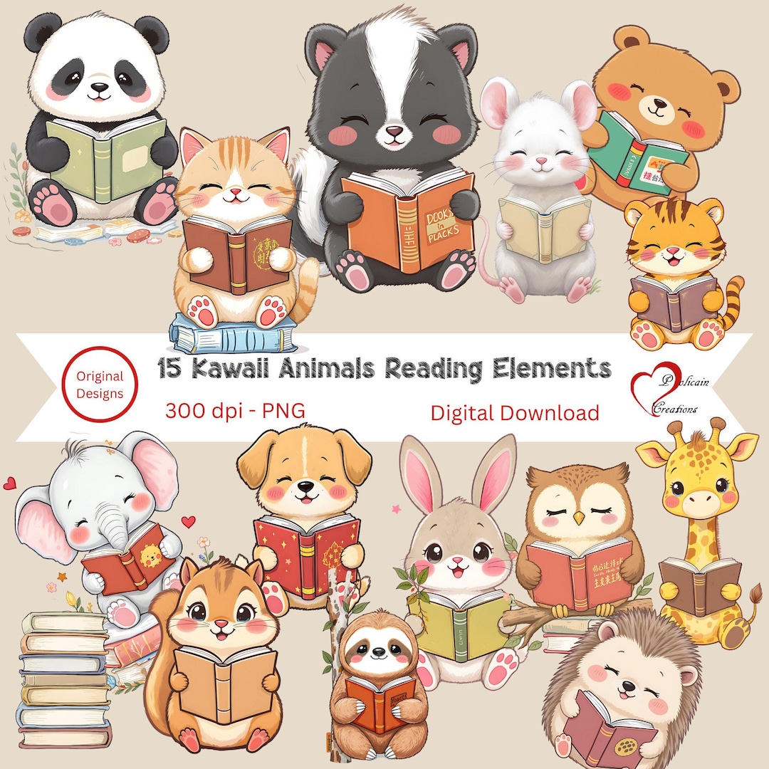 Kawaii Animals Reading Books PNG Clipart Bundle, Cute Bookish Lover Set ...