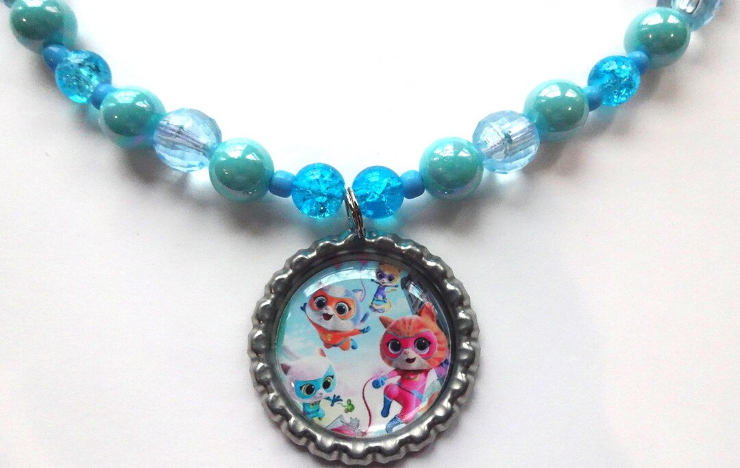 SUPER KITTIES Beaded Kids Necklace Stretchy Cord Bottlecap Gift NEW ...