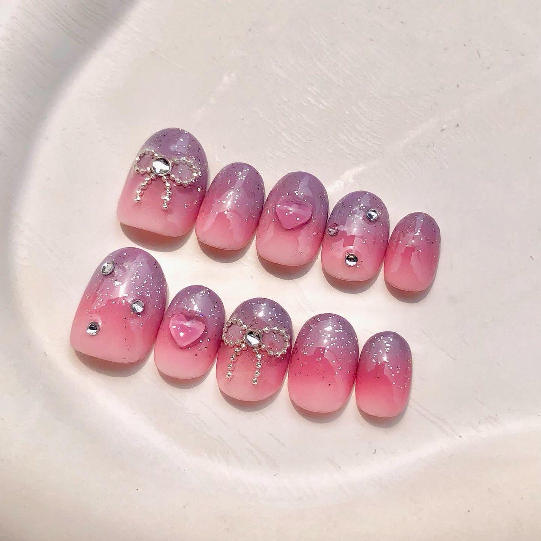 Purple Pink Ombre Press on Nails | Luxury Silver Ribbon Bow Nails | 3D ...