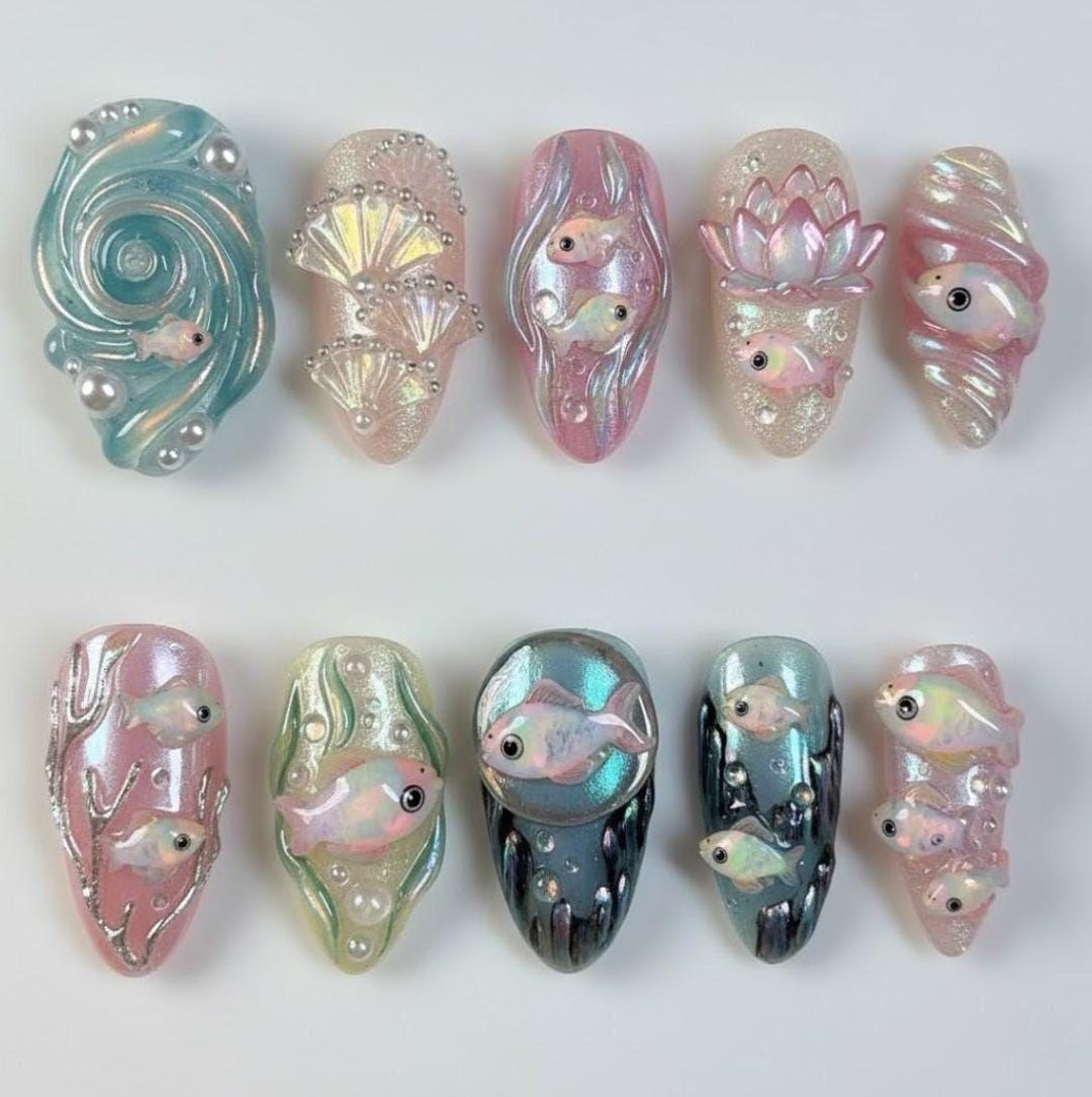 Pastel Watercolor Fish & Lotus Nail Art, Ocean Inspired Press on Nails ...
