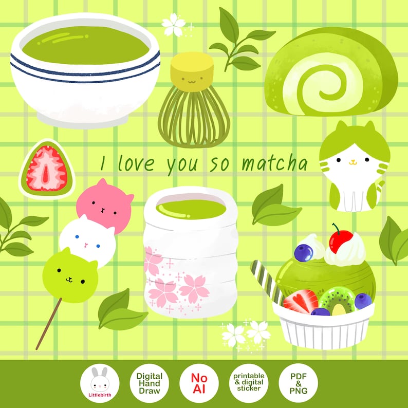 Kawaii Matcha Clipart Set, Cute Matcha PNG, Matcha Lover (digital ...