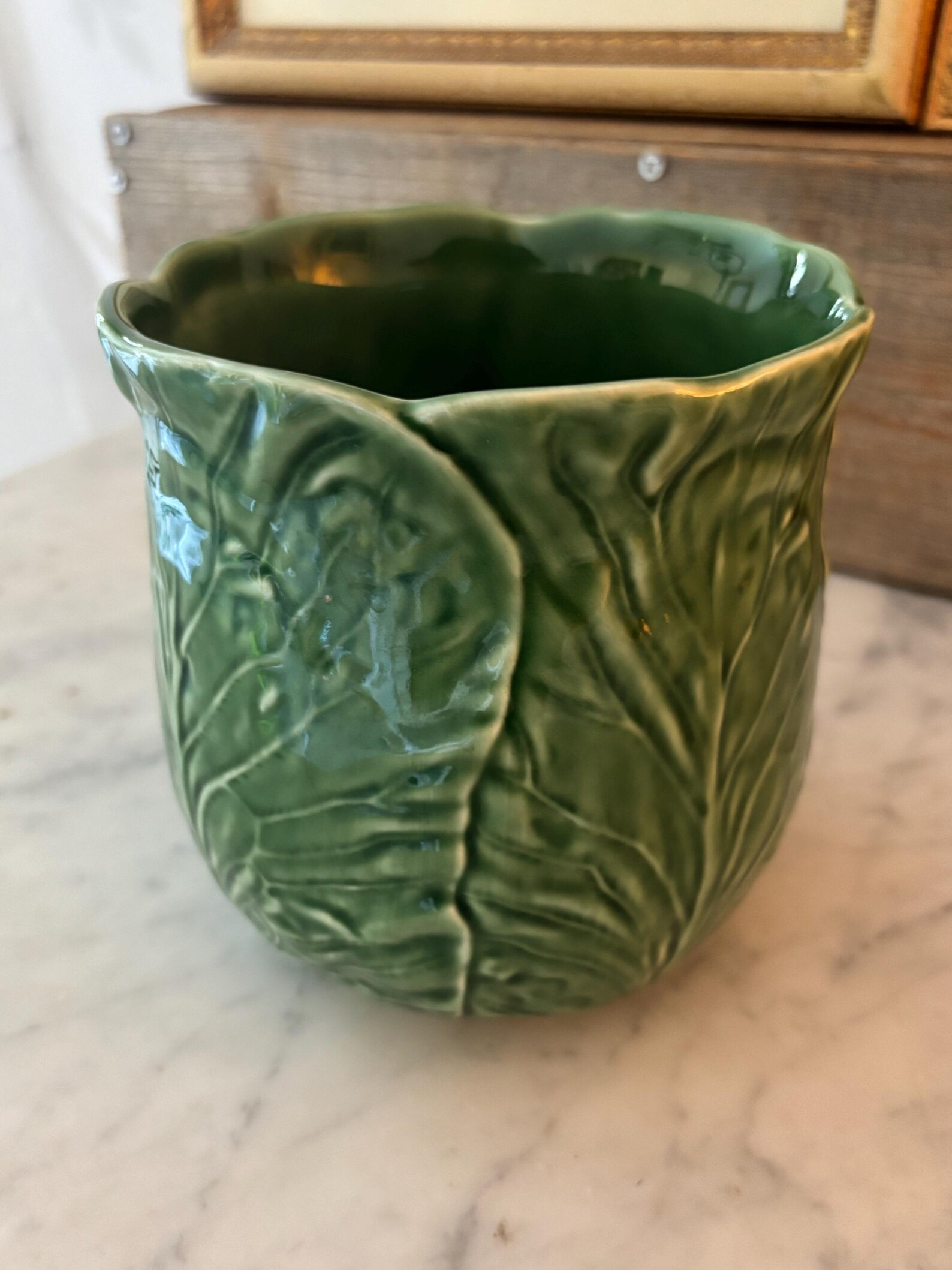 Pair of Bordallo Pinheiro Cabbage Vases: Portugal Majolica Leaf Pots ...