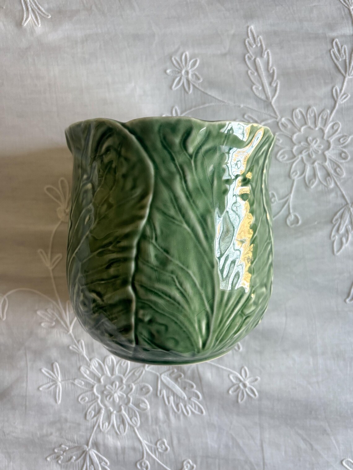 Pair of Bordallo Pinheiro Cabbage Vases: Portugal Majolica Leaf Pots ...