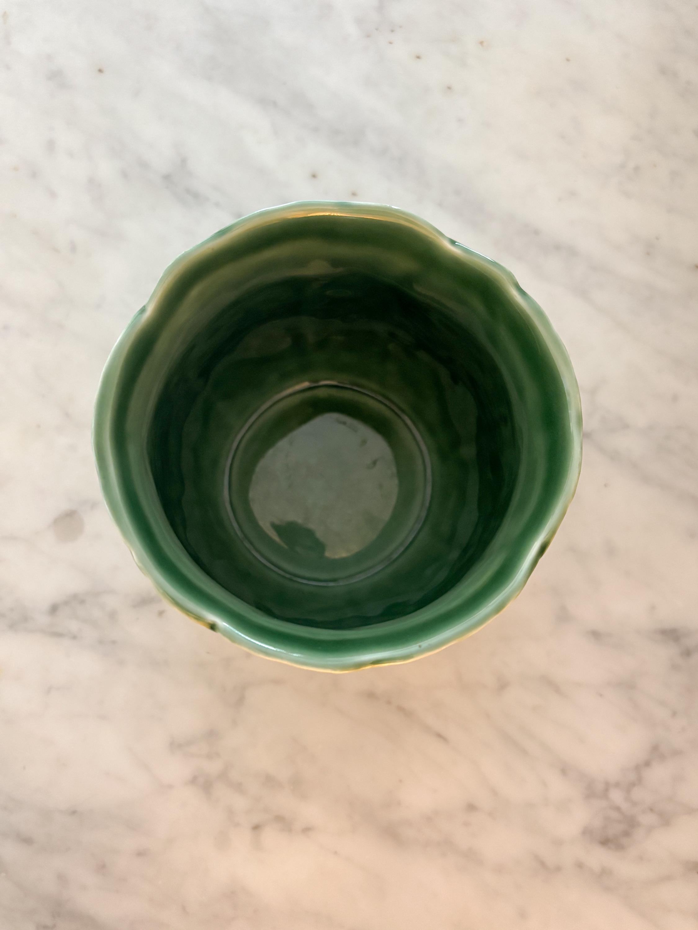 Pair of Bordallo Pinheiro Cabbage Vases: Portugal Majolica Leaf Pots ...