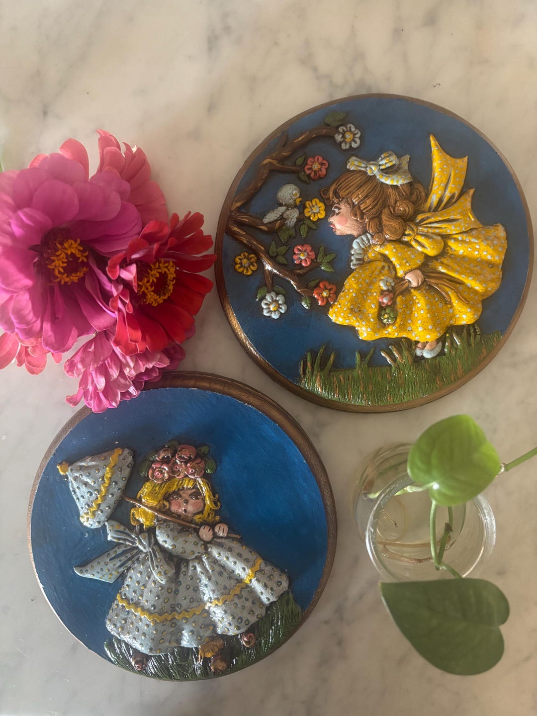 Vintage Hand-painted Plaster Wall Plaques: Girls With Flowers, Cottage ...