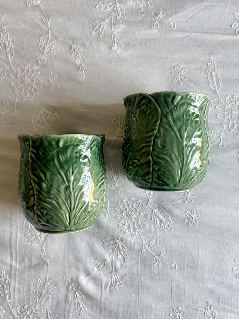 Pair of Bordallo Pinheiro Cabbage Vases: Portugal Majolica Leaf Pots ...
