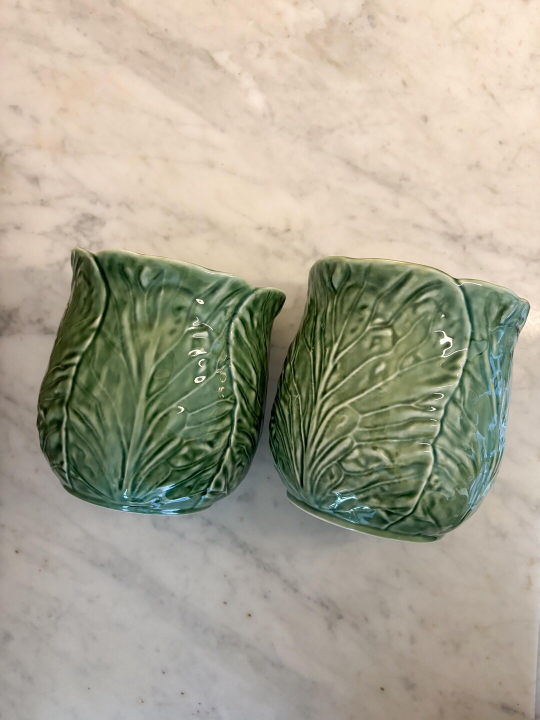 Pair of Bordallo Pinheiro Cabbage Vases: Portugal Majolica Leaf Pots ...