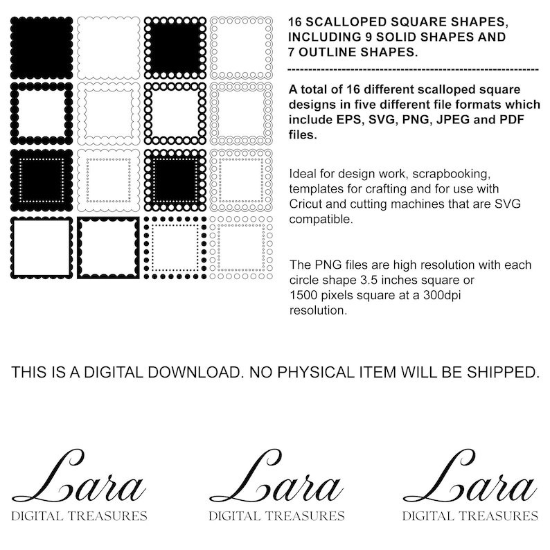 Scalloped Square Frames Clipart Bundle SVG, PNG, EPS (digital Download ...
