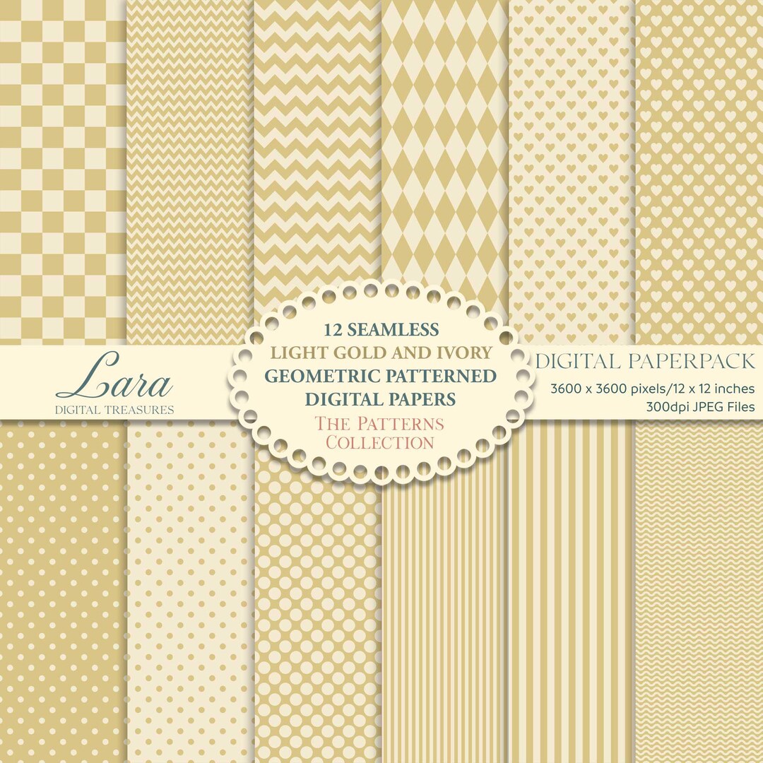 Geometric Pattern Digital Paper: Gold & Ivory Scrapbook Designs (12x12 ...