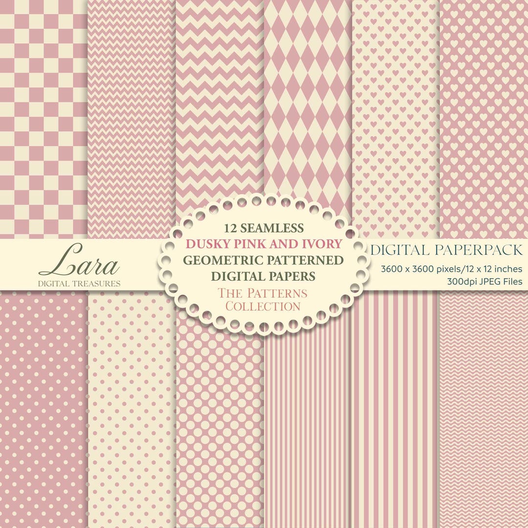 Geometric Scrapbook Paper: Dusky Pink & Ivory Patterns (12x12, 300dpi ...