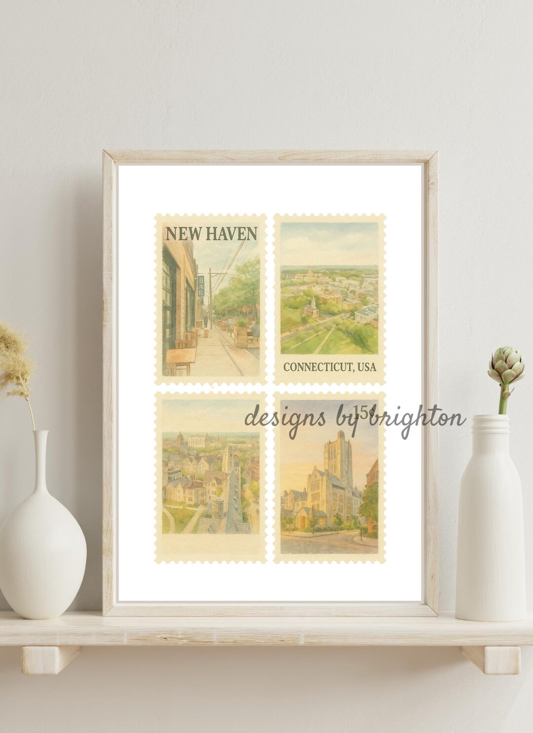 New Haven CT Vintage Stamp Print Set | Watercolor Travel Art (digital ...