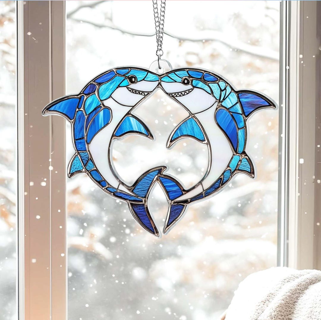 Shark Couple Suncatcher,shark Acrylic Window Hanging,two Blue Sharks ...