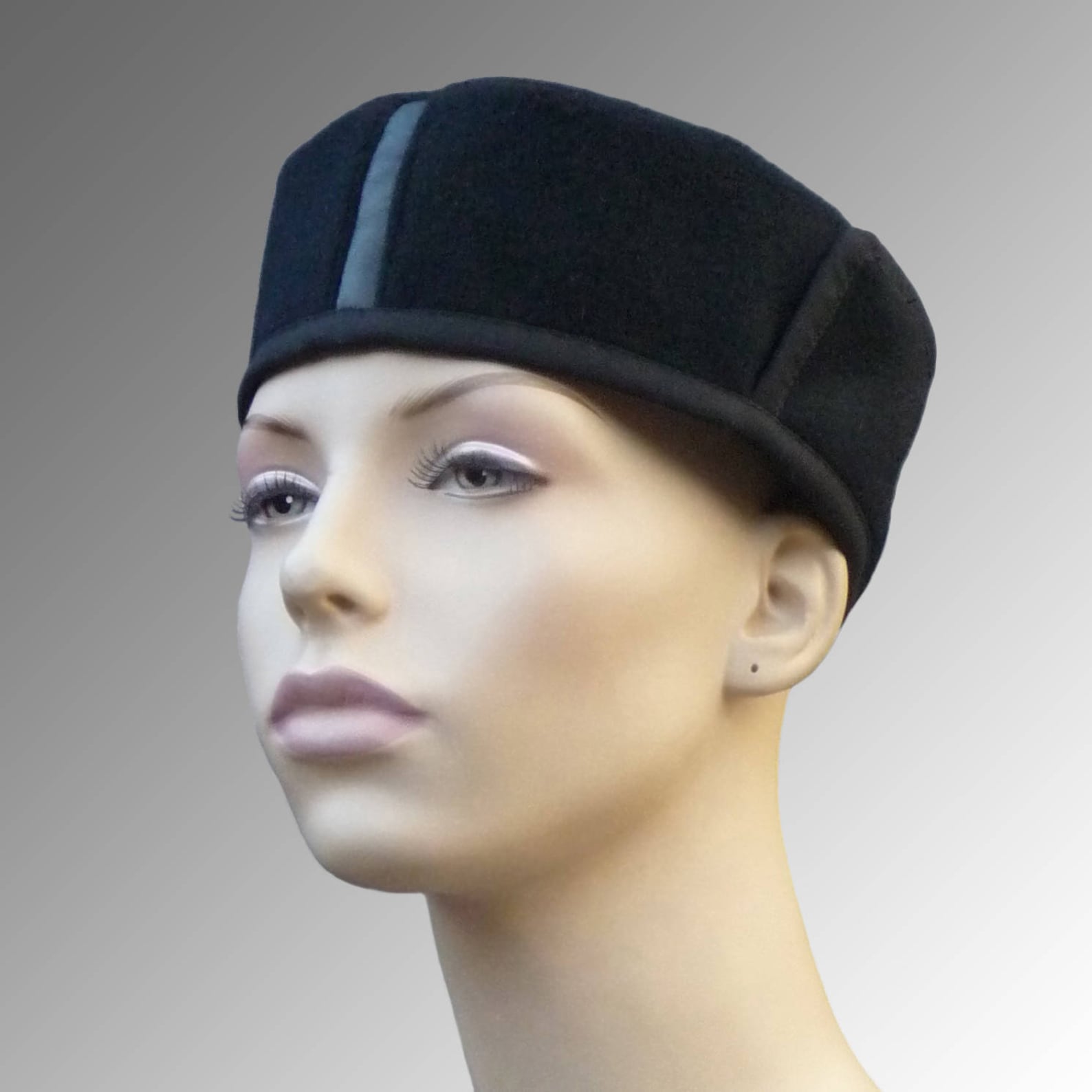 Black Cashmere Wool Unisex Pillbox Hat Kufi Skull Cap W Black Leather ...