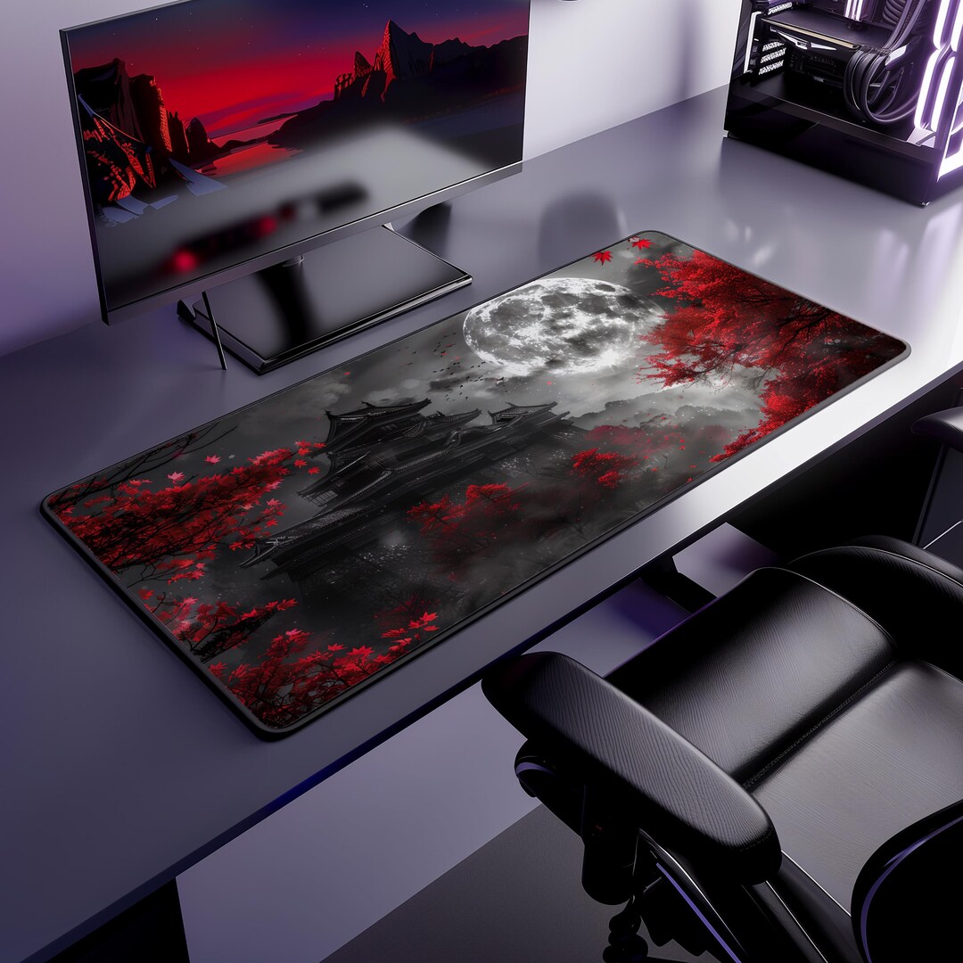 Japanese Castle Mousepad, Full Moon, Red Maple Tree, Gaming Desk Mat - Etsy