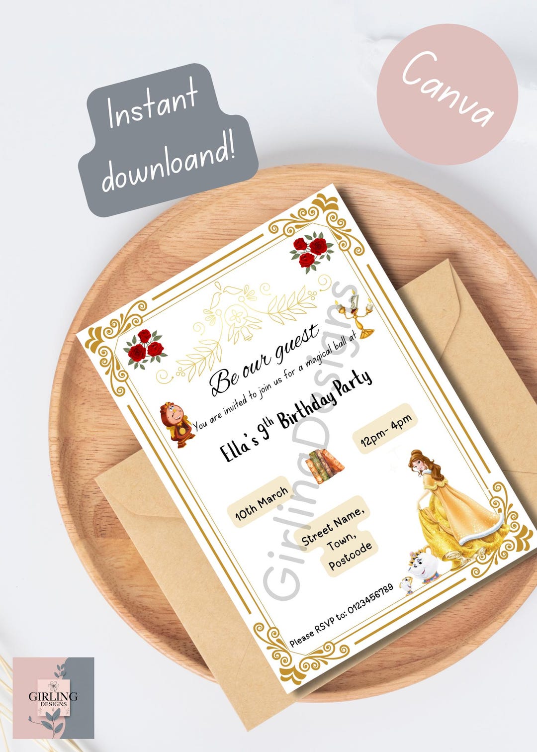 Editable Princess Belle Birthday Invitation | Princess Party | Girls ...