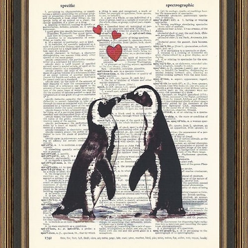 Penguin Love Vintage Illustration Printed on Old Book Page. - Etsy