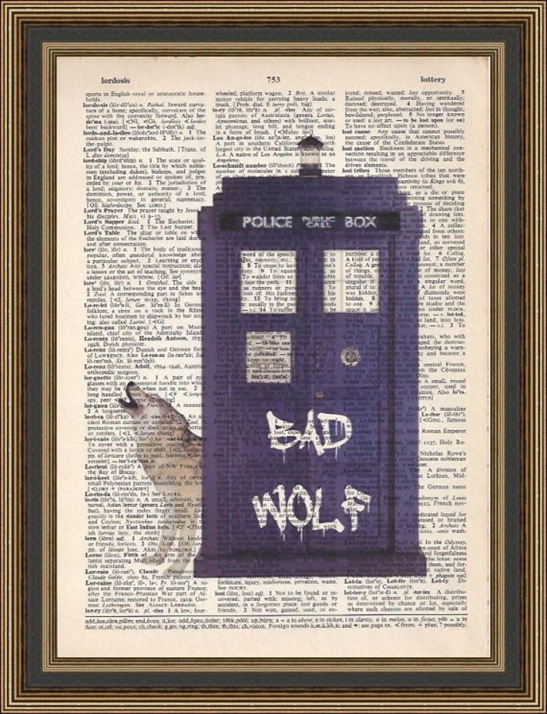 Dr Who Tardis Bad Wolf Illustration Printed on a Vintage Dictionary ...
