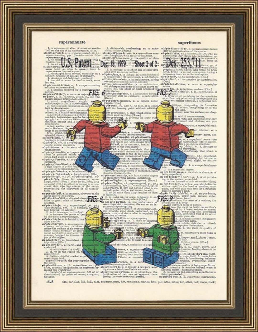 Lego Patent Colorized Illustration Printed on a Vintage Dictionary Page ...