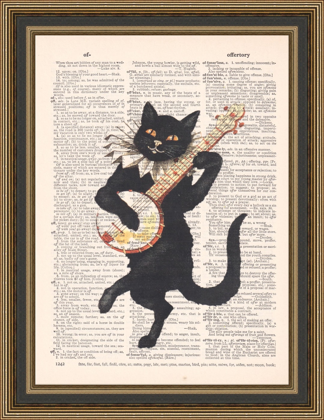 Cat Playing Banjo Printed on a Dictionary Page, Black Cat Print, Gift ...