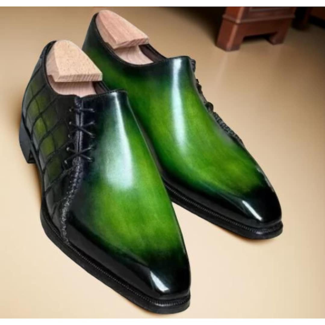 Men’s Handmade Pure Dark Green and Black Shaded Leather Side Lace-up ...