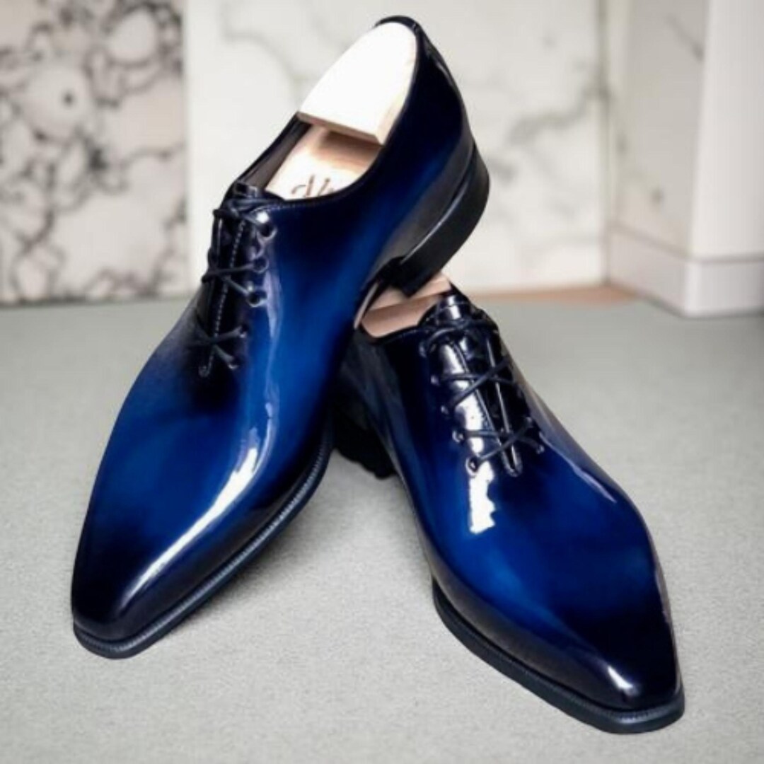 Men’s Handmade Blue & Black Shiny Leather Oxford Shoes - Etsy