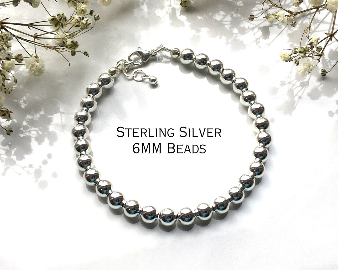 Sterling Silver Bead Bracelet With Clasp, 6MM Bead Bracelet Adjustable ...