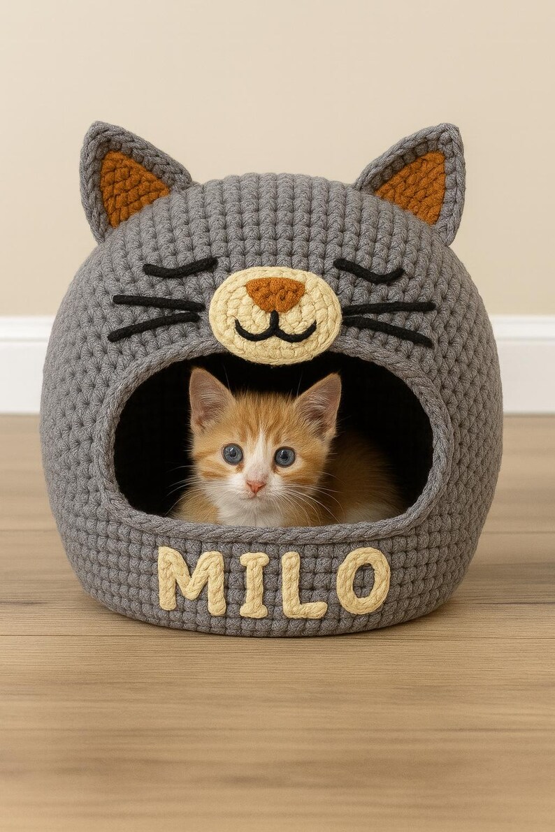 Crochet Cat Bed Pattern PDF, DIY Cat Cave With Face & Name, Easy Step by Step Tutorial, Bonus ...