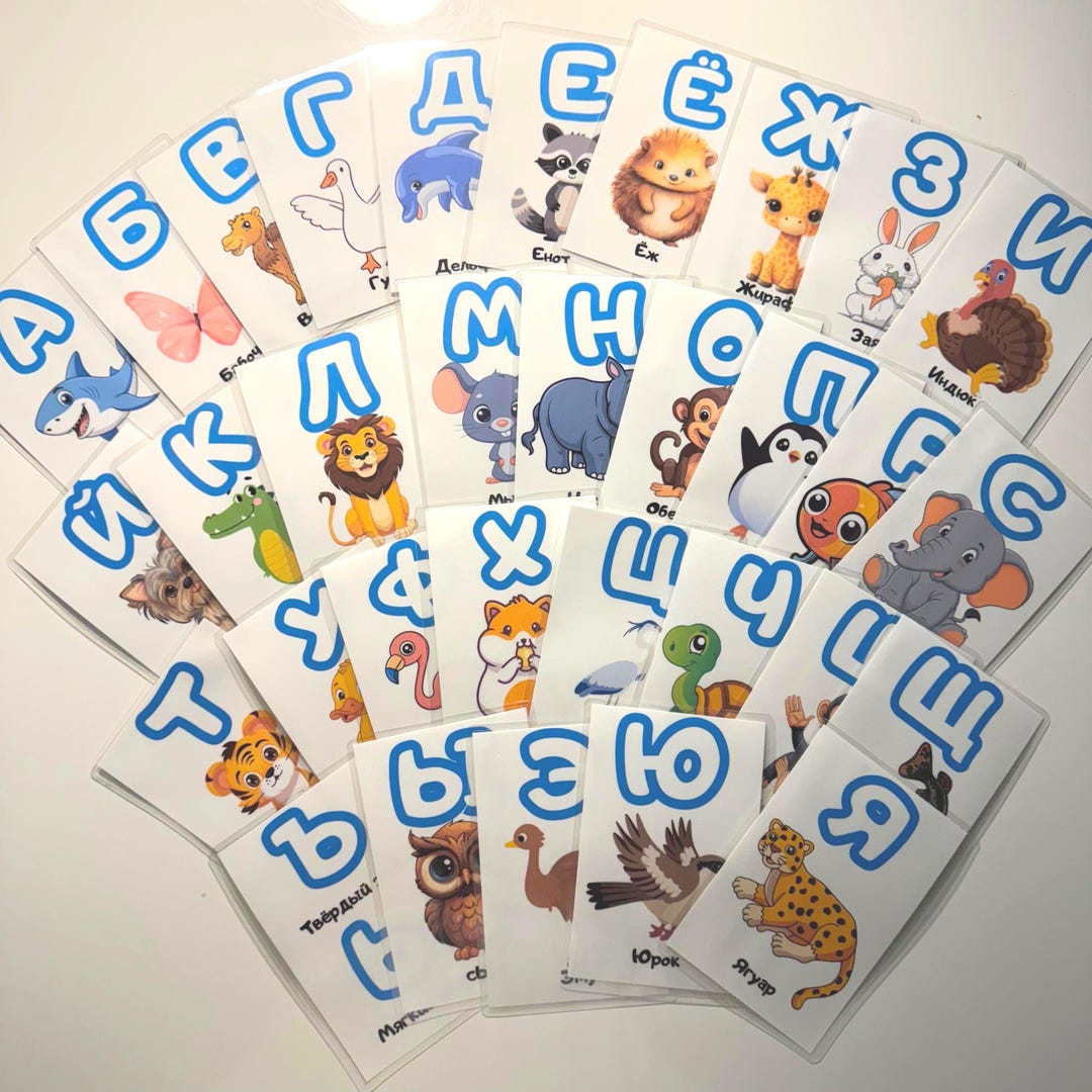 Russian Alphabet Flashcards With Animals + Storage Bag | Laminated A–Я ...