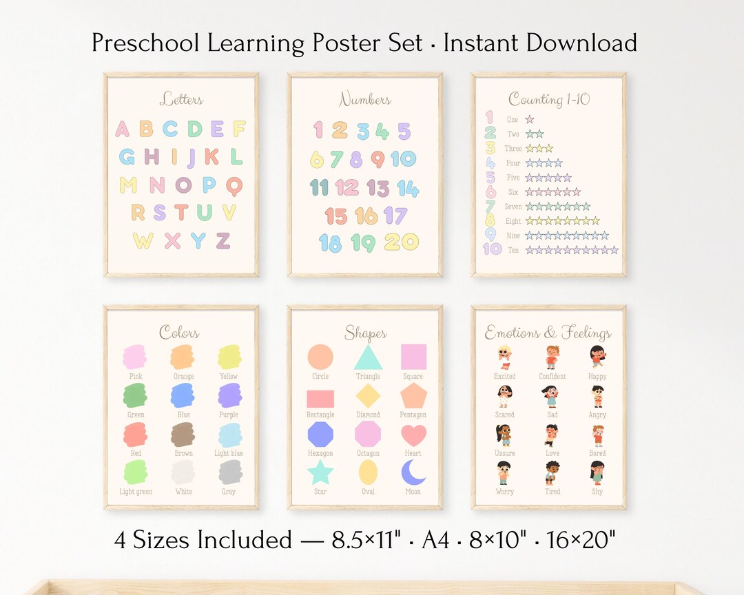 Pastel Learning Posters: ABC, Numbers, Shapes, Feelings (digital ...