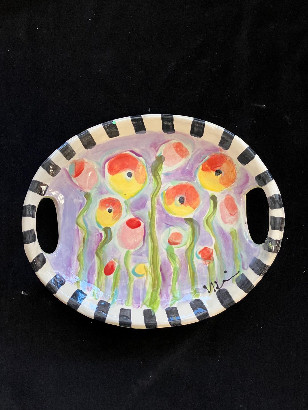 Handmade Ceramic Serving Tray W/ Handles Poppies Design 11”x9.5 ...