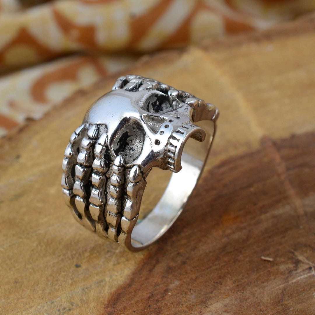 Handmade Sterling Silver Skull Ring With Skeleton Hands, Gothic Biker ...