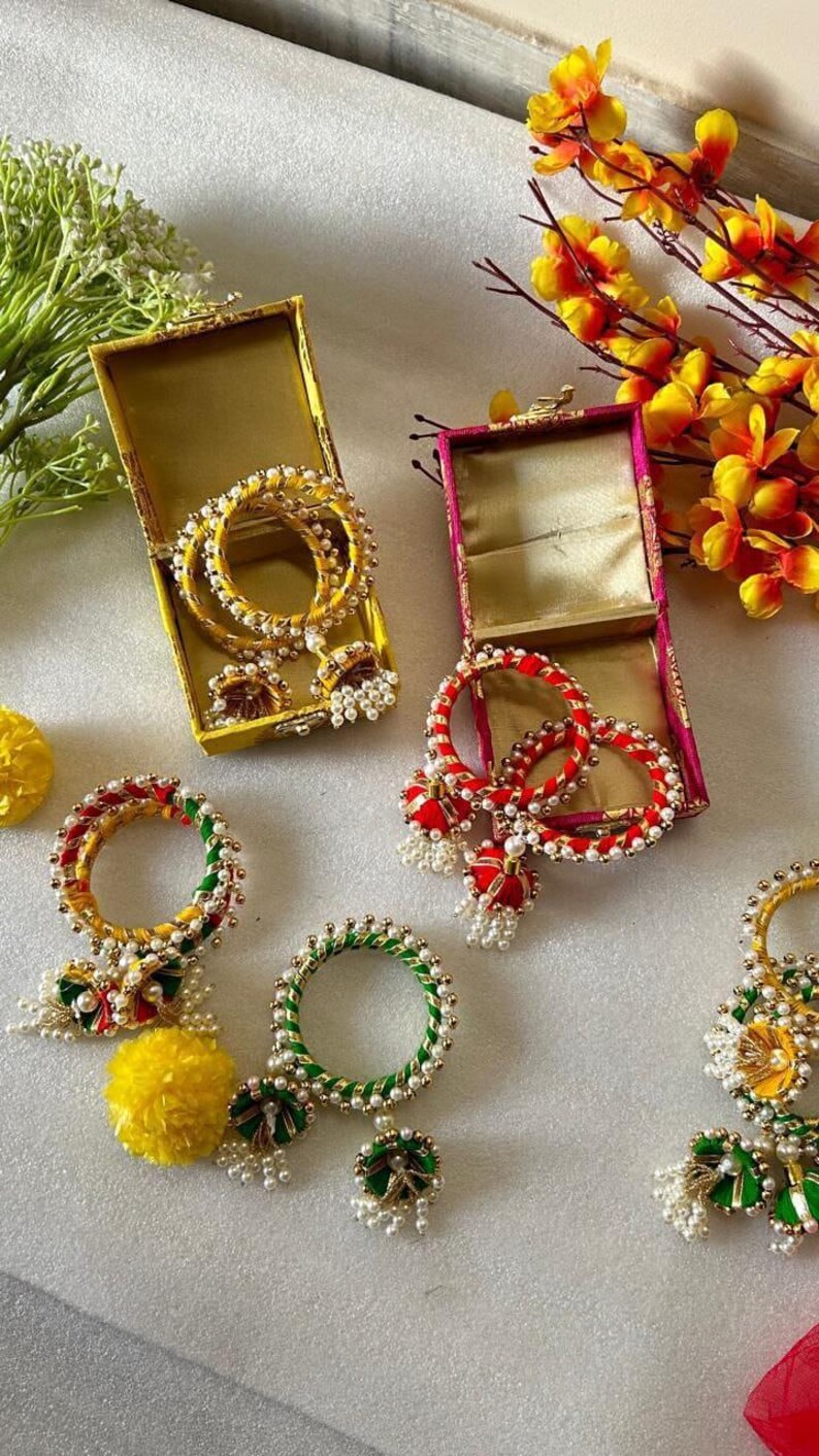 Combo of Silk Thread Bangles With Wooden Box, Indian Wedding Favor, Haldi Mehendi Sangeet Gift ...