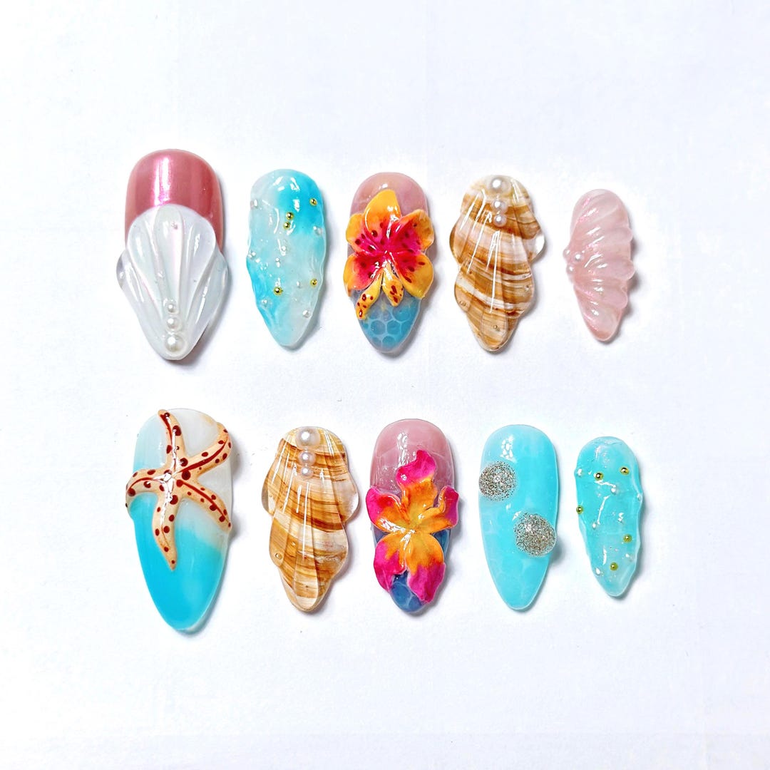 3D Ocean Shell Press on Nails | Tropical Mermaid Nails | Luxury Summer ...