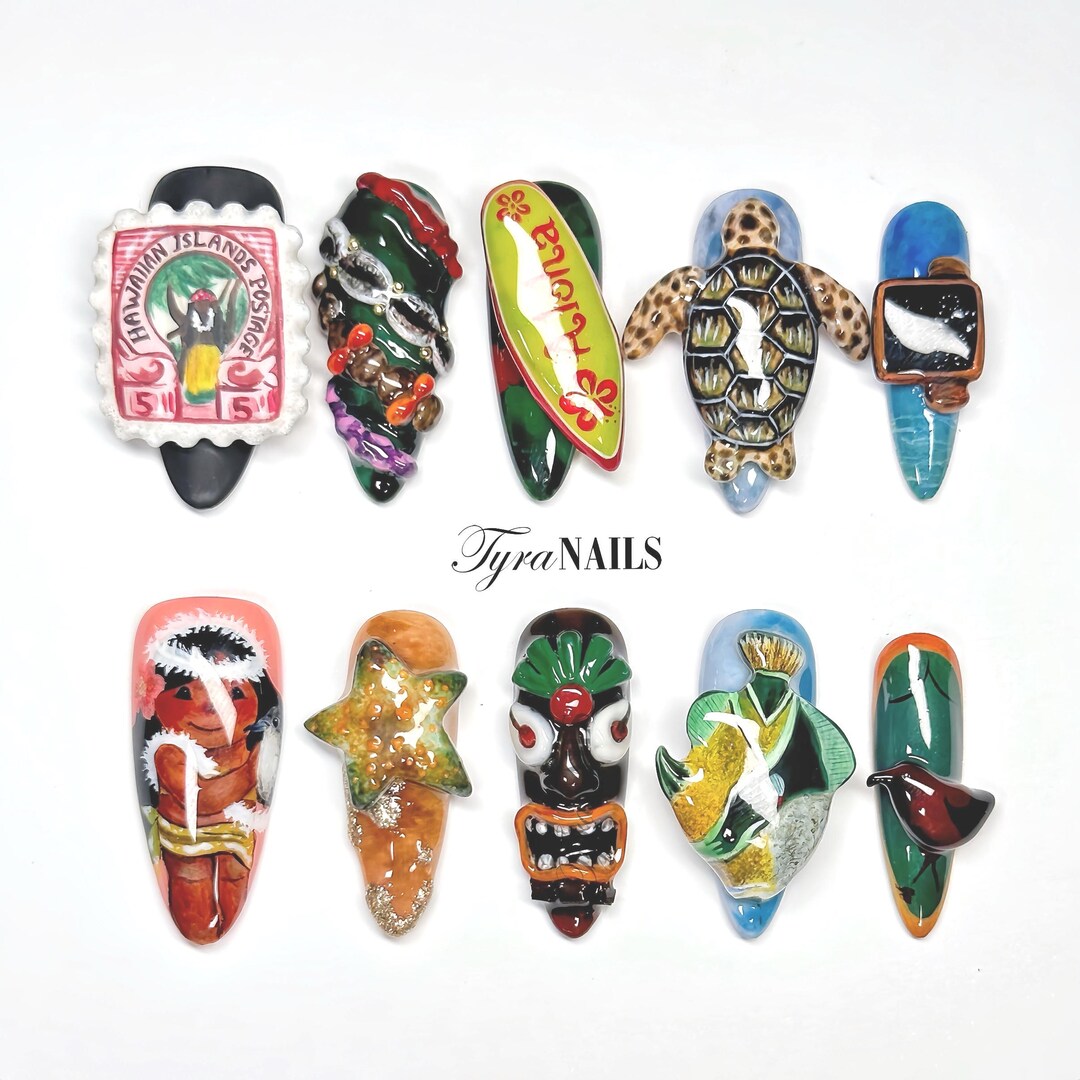 3D Hawaii Press on Nails | Tropical Summer Nail Art | Hand-painted Tiki ...