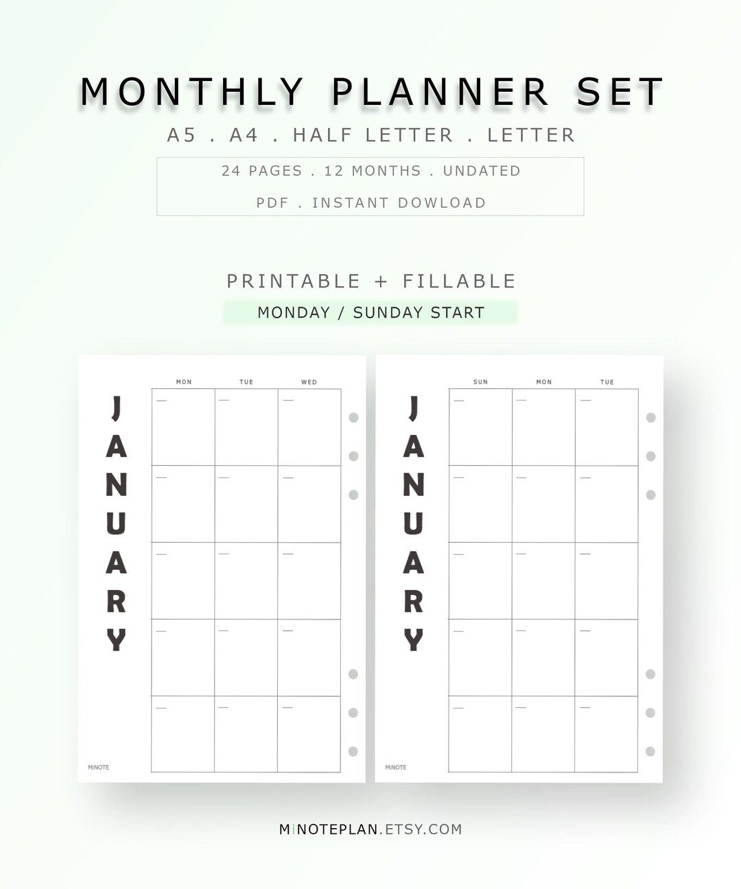Monthly Planner Printable + Editable : Minimalist Undated PDF (A4, A5 ...