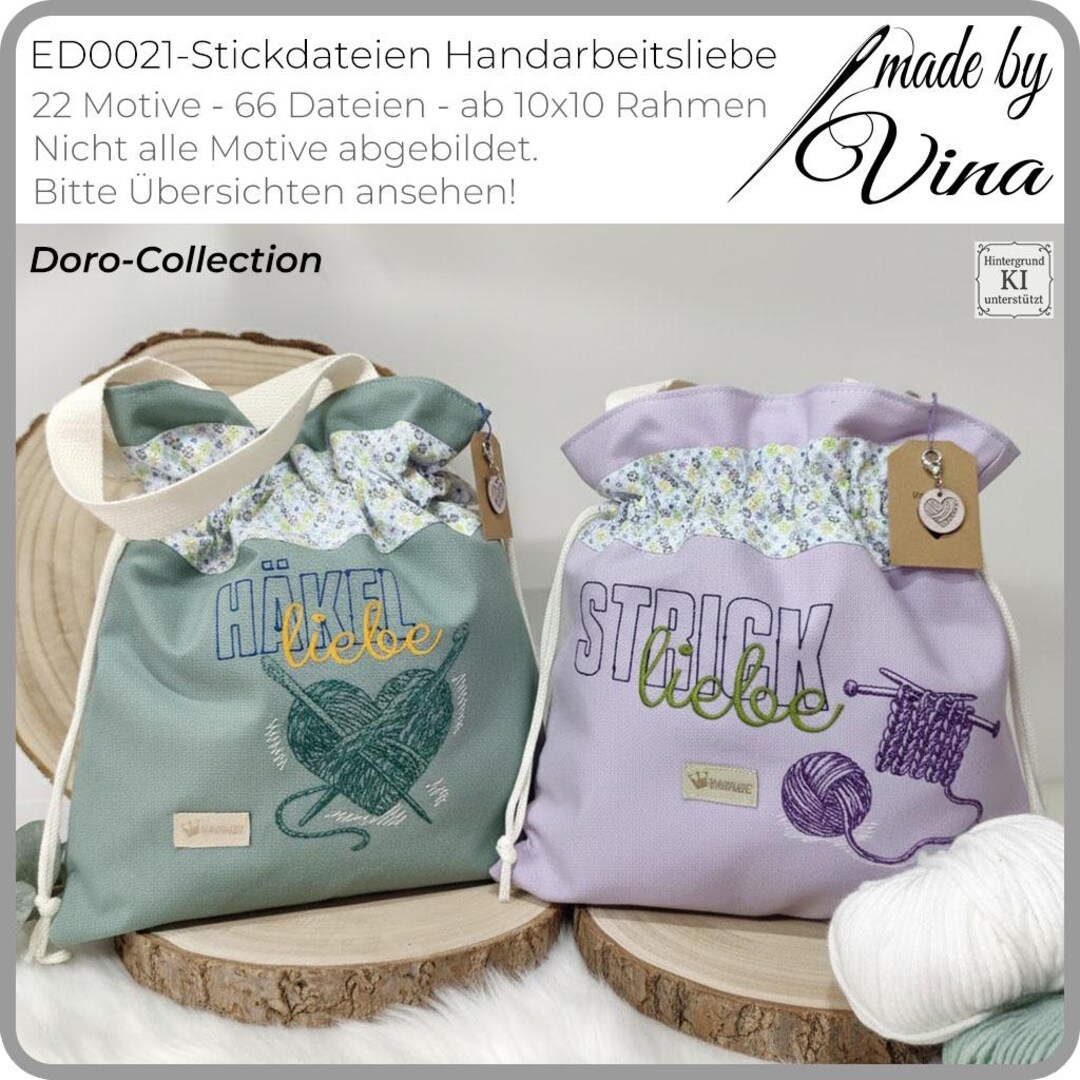 Stickdateien „Handarbeitsliebe“ – 22 Motive / 66 Dateien – ab 10x10 cm ...