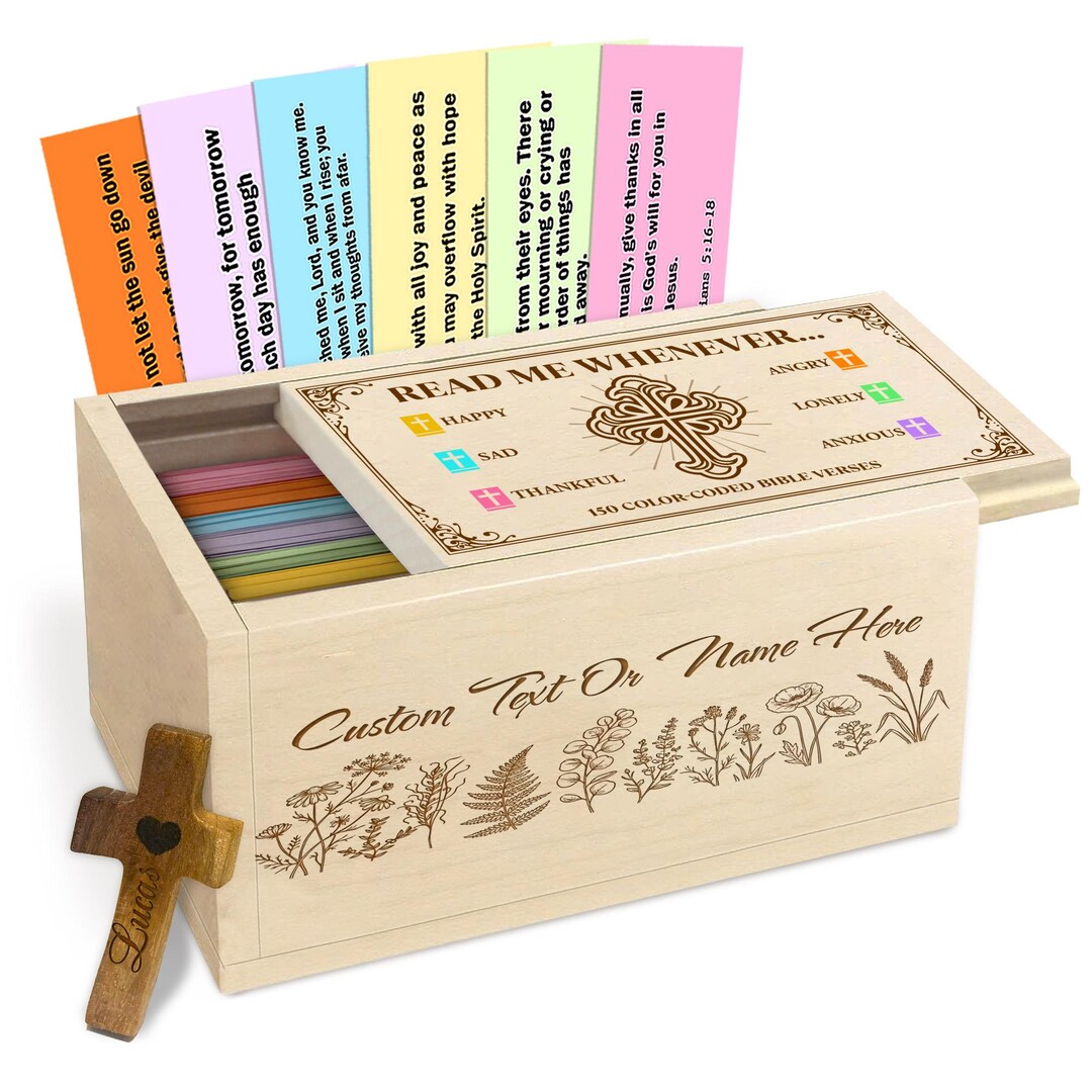 Personalized Engraved Bible Verse Box: 150 Scripture Cards, Custom Text ...