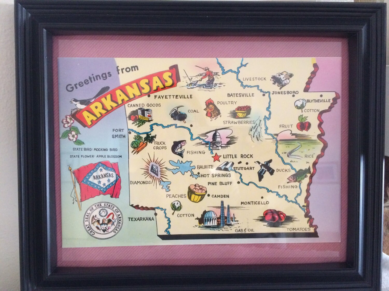 8 X 10 Framed OVERSIZED Arkansas Vintage Map Postcard 1950s - Etsy