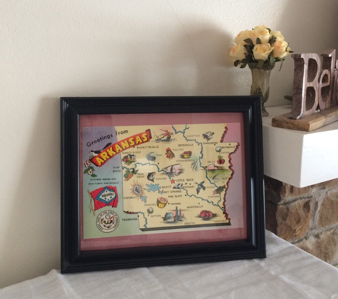 8 X 10 Framed OVERSIZED Arkansas Vintage Map Postcard 1950s - Etsy