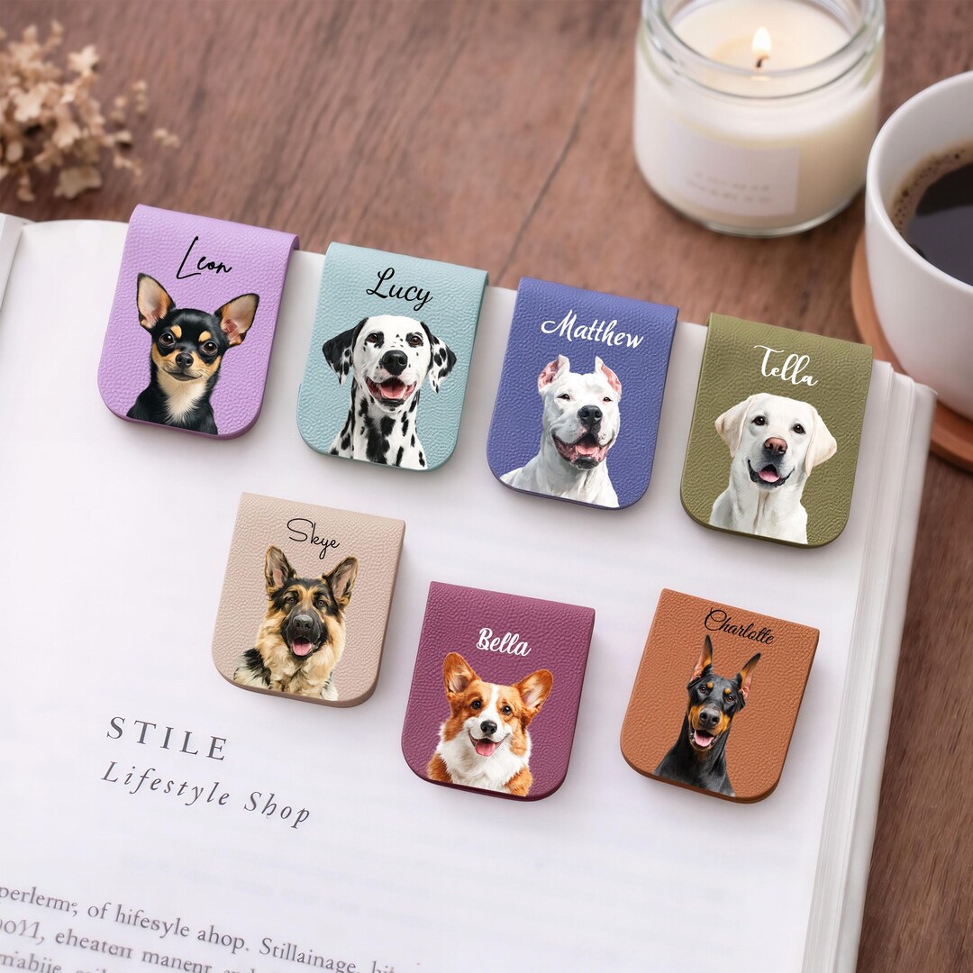 Custom Magnetic Pet Bookmark, Dog Photo Leather Bookmark, Pet Memorial ...