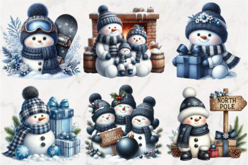 Bundle de cliparts bleu Noël bonhomme de neige, graphismes des fêtes ...